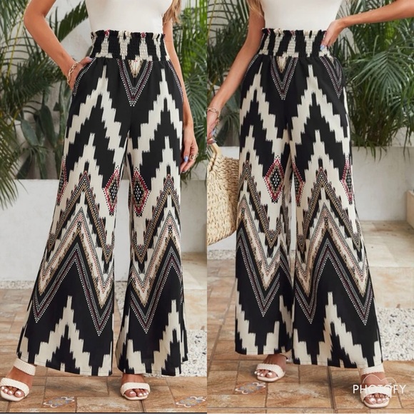 Pants & Jumpsuits | Chevron Geo Print Smocked High Waist Wide Leg ...